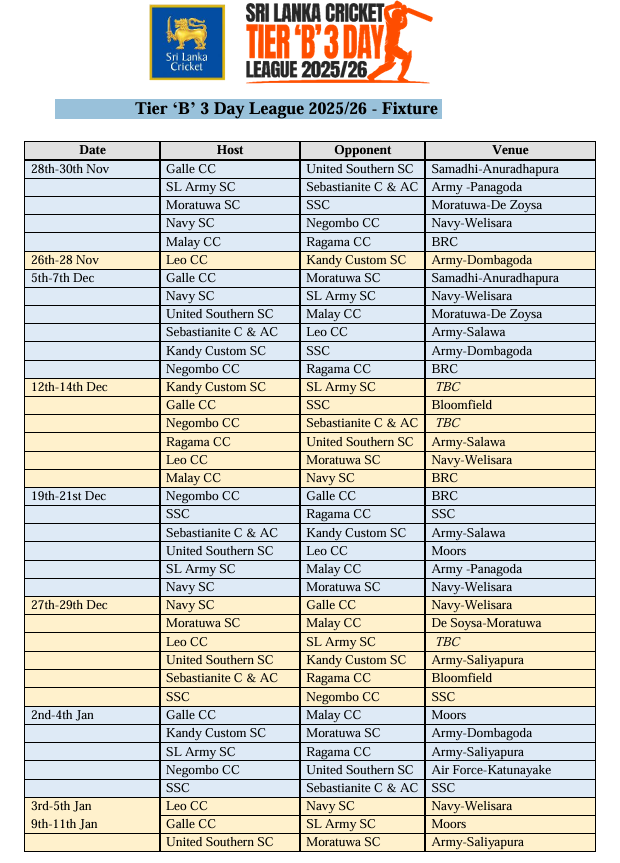 Tier ‘B’ 3 Day League 2025/26 - Fixture - Sri Lanka Cricket