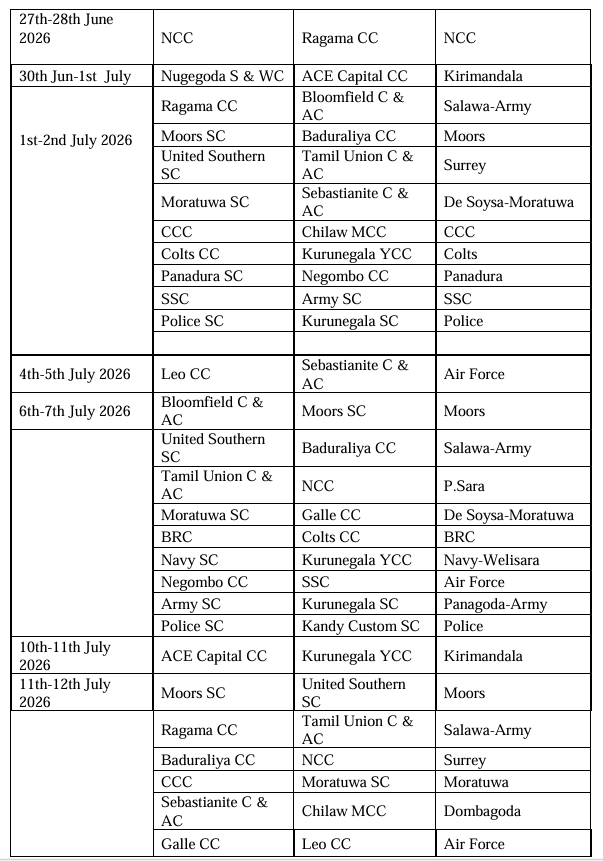 U23 Inter Club 2-Day Tournament 2026Fixtures - Sri Lanka Cricket