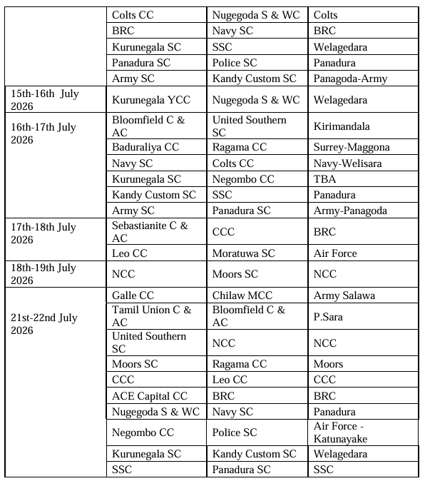 U23 Inter Club 2-Day Tournament 2026Fixtures - Sri Lanka Cricket